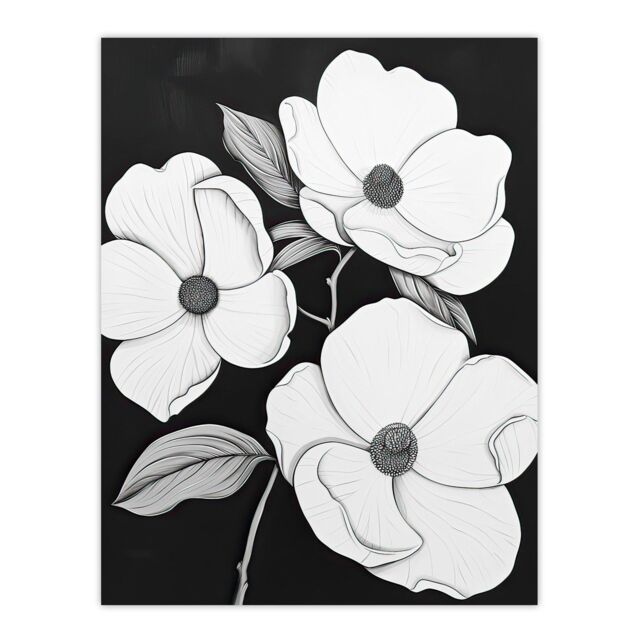 White Flower Blooms on Black Contrast Painting Wall Art Print by ...