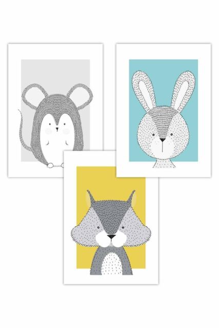 Set of 3 Nursery Scandi Sketch woodland Animals in Blue Yellow Grey Art ...