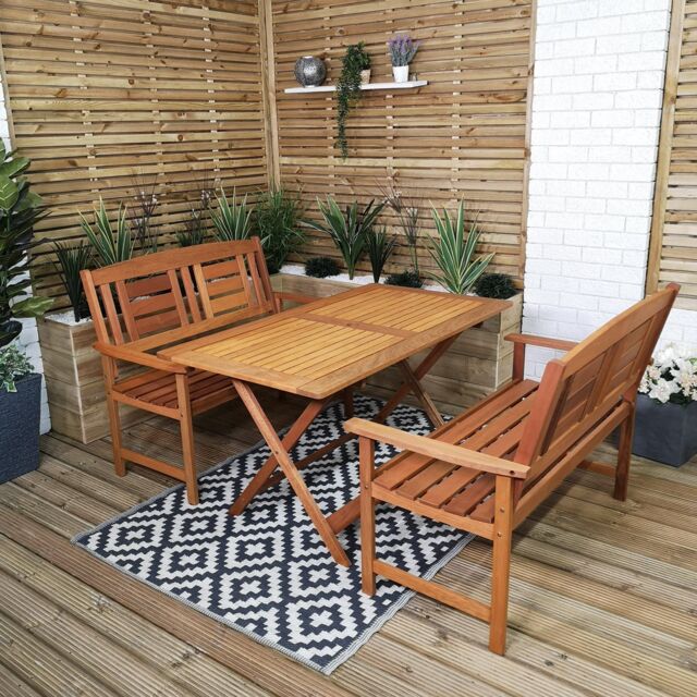 4 Person Folding Wooden Garden Patio Dining Table & 2 Benches by ...