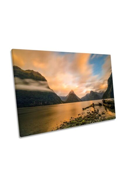 Milford Lake Sunset New Zealand Landscape Canvas Wall Art Picture Print ...