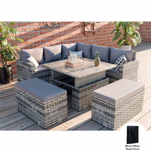 Rosen Rattan Garden Furniture 9 Seater Corner Sofa Rising Table Set ...