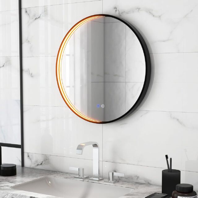 Gymax 60 CM Round Bathroom Mirror Vanity Mirror With 3-Color LED Lights ...