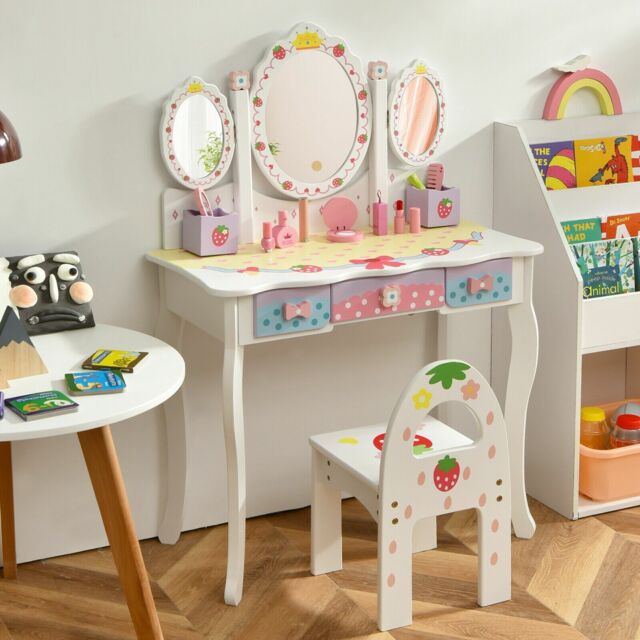 Kids Vanity Table Set With Chair Detachable Tri-Folding Mirror Drawers ...