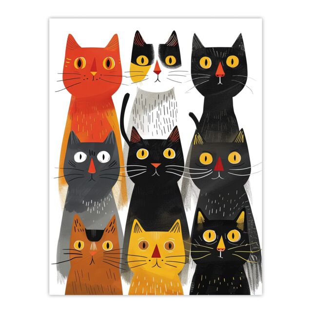 "Artery8 Wall Art Print Nine Cats 9 Quirky Fun Animals Cat Lover Poster ...