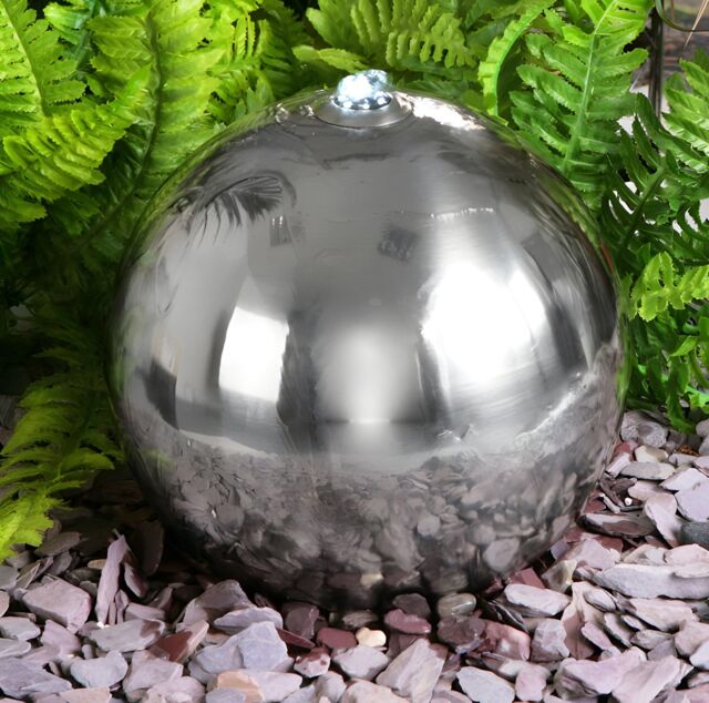 Solar Powered Sphere Water Feature Stainless Steel Cascade Lights 50cm ...