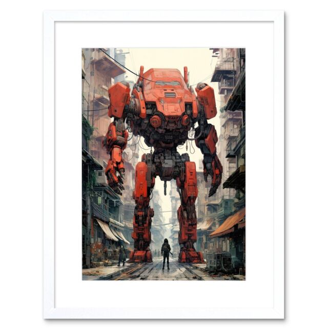 Wall Art Print Red Mecha Robot in City Street Anime Sci-Fi Artwork ...
