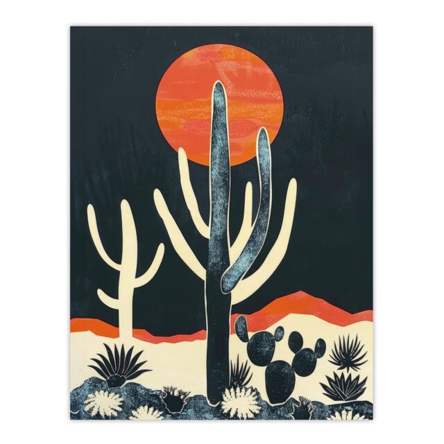 "Artery8 Wall Art Print Saguaro Cactus Orange Grey Sun Desert Landscape ...