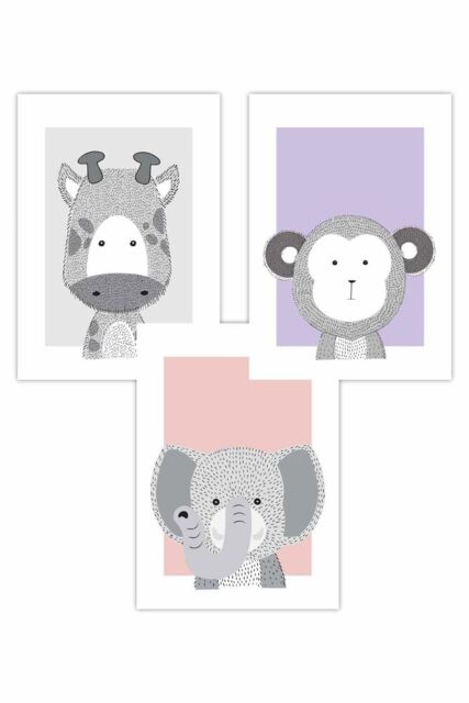 Set of 3 Nursery Scandi Sketch Jungle Animals Monkey in Pink lilac Grey ...