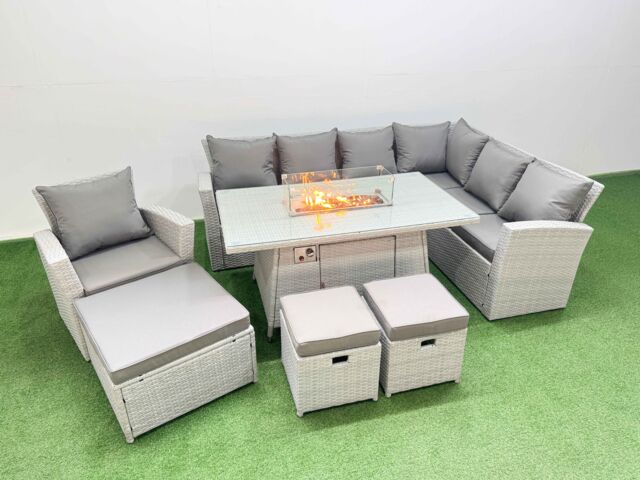 10 Seat Rattan Garden Furniture Corner Sofa Set Gas Firepit Table Set ...