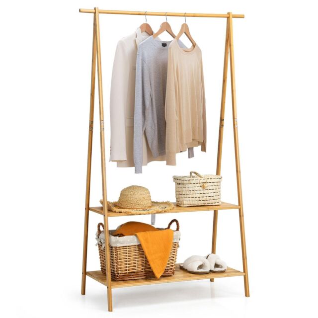 Bamboo Garment Rack Freestanding Clothes Rail Stand 2 Storage Shelves ...