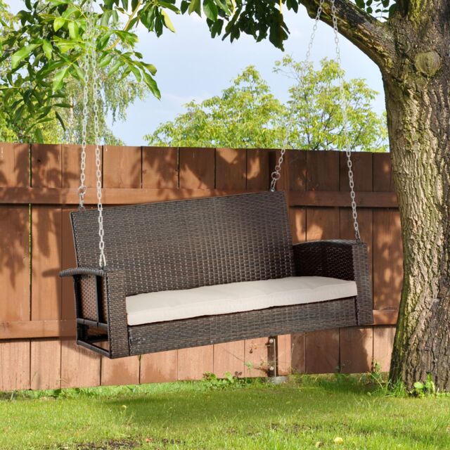 OUTSUNNY 2-Person Outdoor Wicker Hanging Porch Swing Bench w/ Curved ...