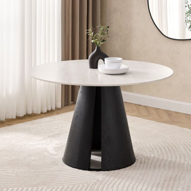 Maya Round Light Cream Ceramic Dining Table with Black Base by ...