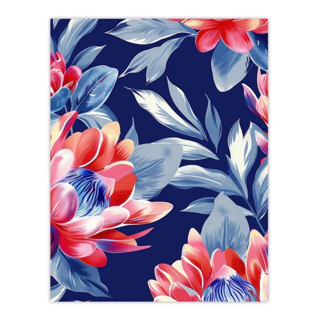 Wall Art Print Flower Blooms and Fronds Pink Blue Floral Pattern Poster ...