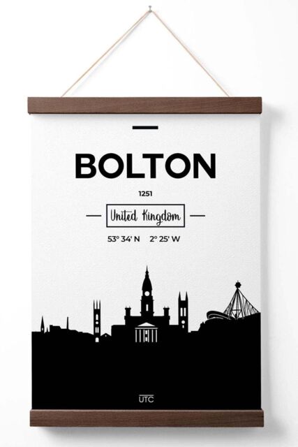 Bolton Black and White City Skyline Poster with Walnut Hanger by ...