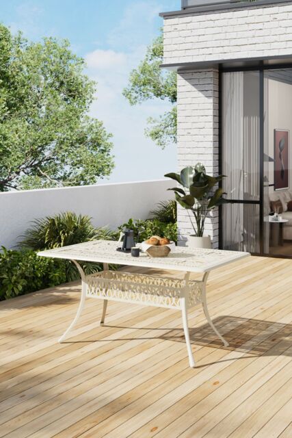 Garden Sanctuary Rectangular Cast Aluminum Garden Dining Table in White ...