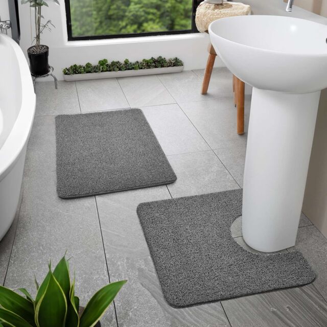 Nicoman Anti Slip PVC Spaghetti Loofah Bath & Pedestal Mat Set in Grey ...