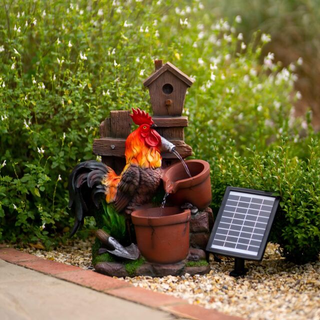 Primrose 'Rooster' Water Feature Solar Powered Pouring Pots Battery ...