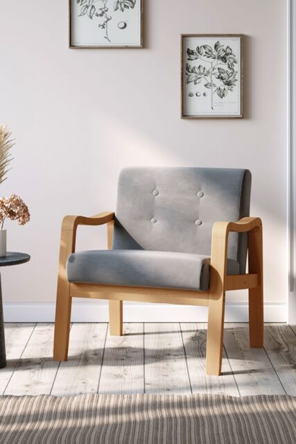 Living and Home Grey Wood Frame Upholstered Armchair with Square Leg by ...