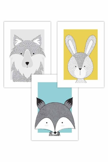 Set of 3 Nursery Scandi Sketch Forest Animals with Fox in Blue Yellow ...