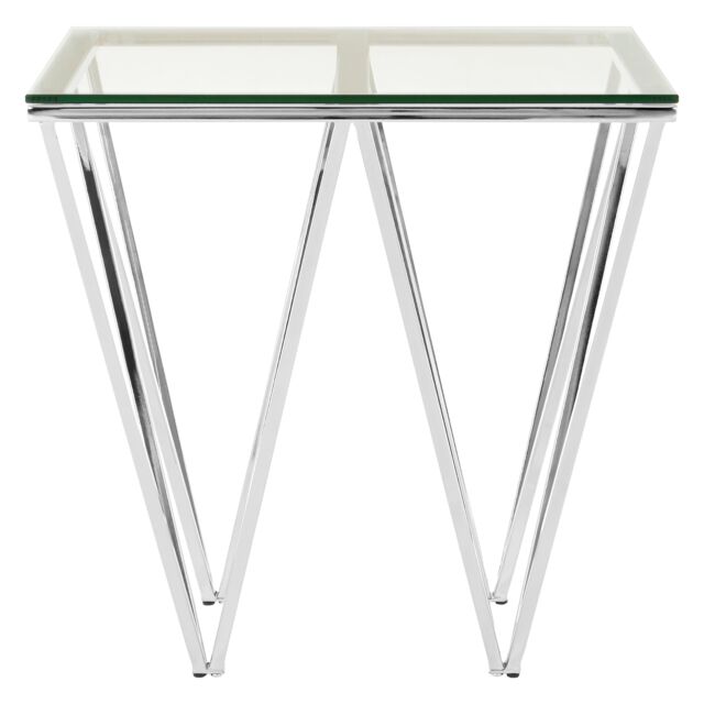 Chrome End Table with Triangular Base,Clear Tempered Glass Top Settee ...