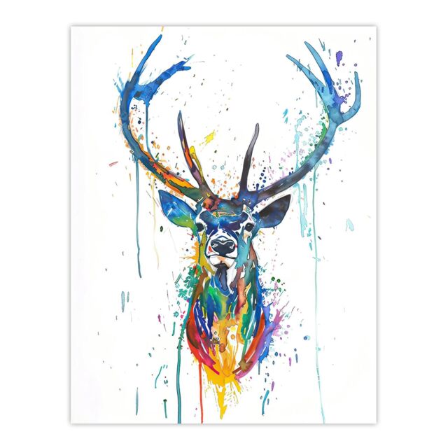 Deer Stag Colourful Ink Splat Bright Portrait Wall Art Print by ...