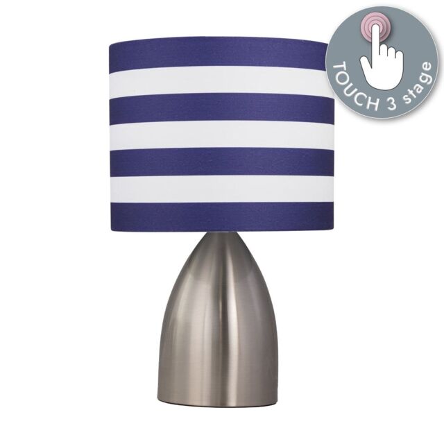 Valentina - Brushed Chrome Touch Lamp with White & Blue Striped Shade ...