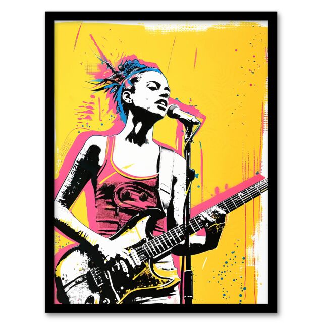 "Artery8 Female Punk Music Guitarist Portrait Yellow Pink Framed Art Print - Size: W12"" x H16 ...