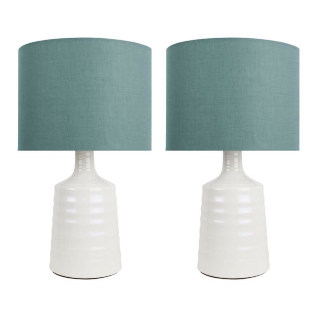 Set of 2 Ripple - Off White Ribbed Ceramic Table Lamps with Teal Fabric ...