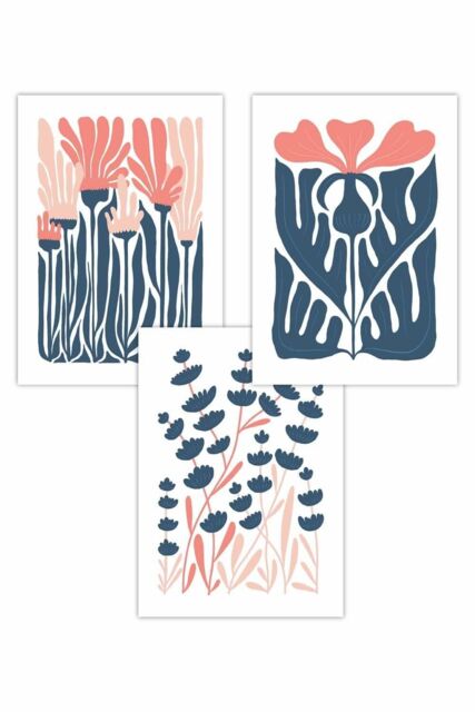 ARTZE Set of 3 Boho Abstract Blue & Pink Floral Art Posters in Navy ...
