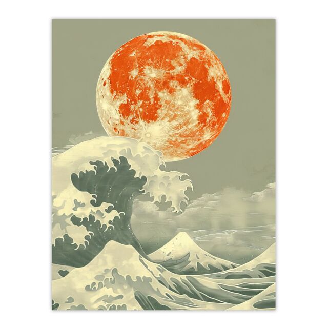 "Artery8 Bright Orange Moon Over Ocean Waves Japanese Edo Wall Art ...