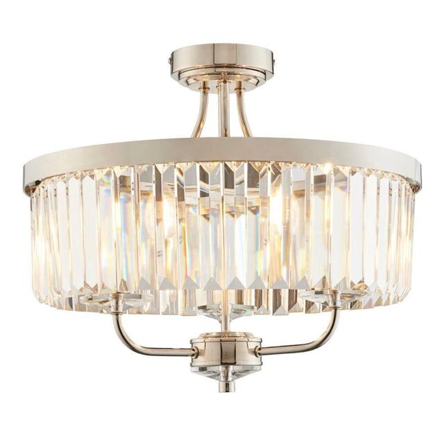 Bright Nickel Semi Flush Ceiling Light with Clear Cut Glass 3 Bulb Low ...