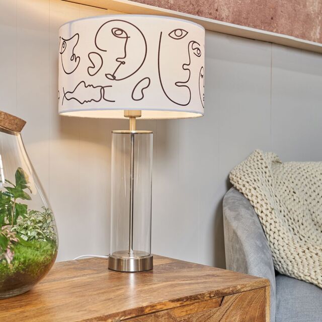 Balan Glass and Brushed Chrome Table Lamp with Abstract Drum Lamp Shade ...