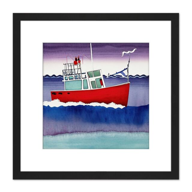 Red Fishing Boat Ocean Waves Nautical Sea Watercolour Painting Square ...