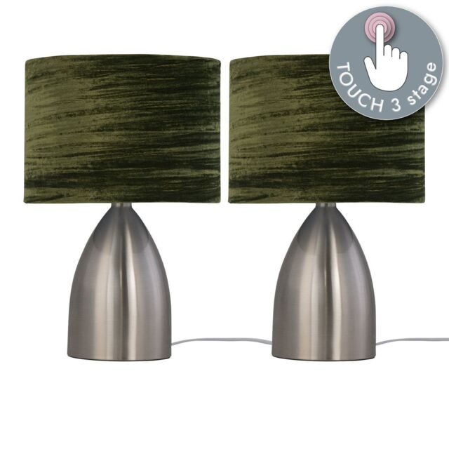 Set of 2 Valentina - Brushed Chrome Touch Lamps with Dark Green Crushed ...