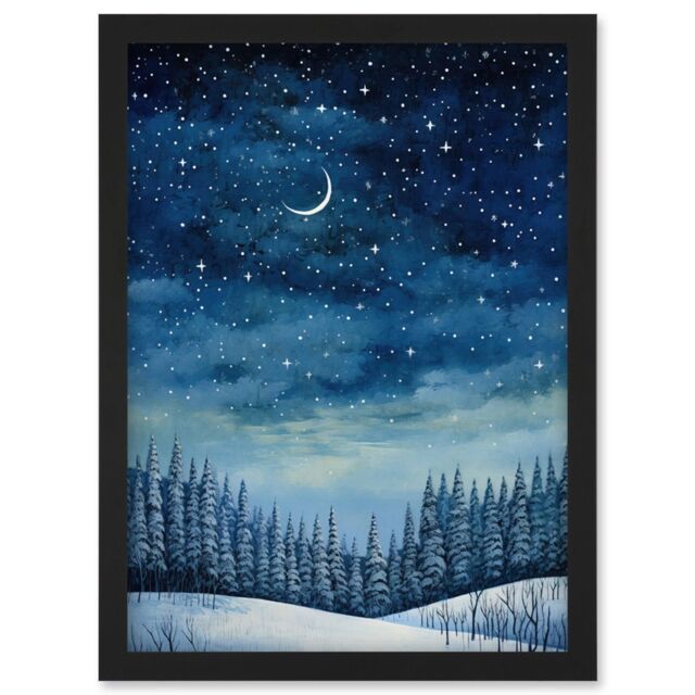 Wall Art Print Clear Sky Starry Night in Forest Covered with Snow Oil ...