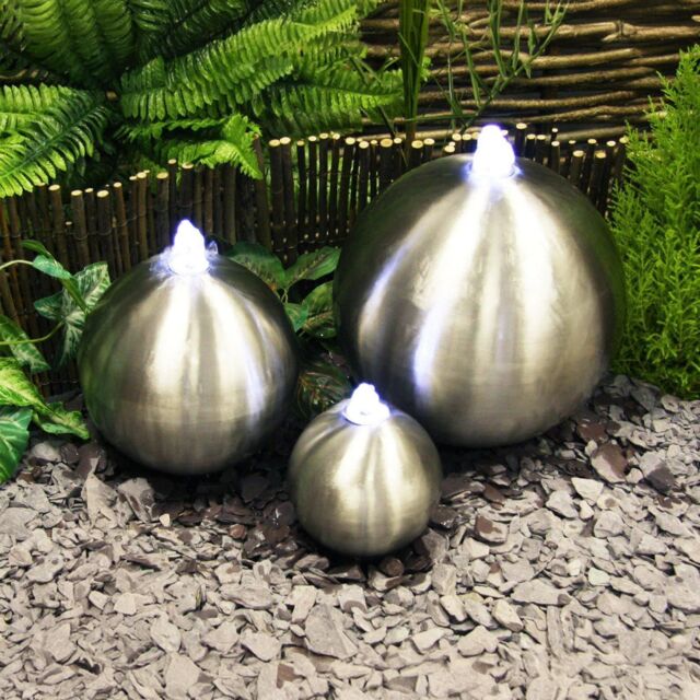 Steel Silver Sphere Water Feature Garden Fountain Cascade Lights by ...