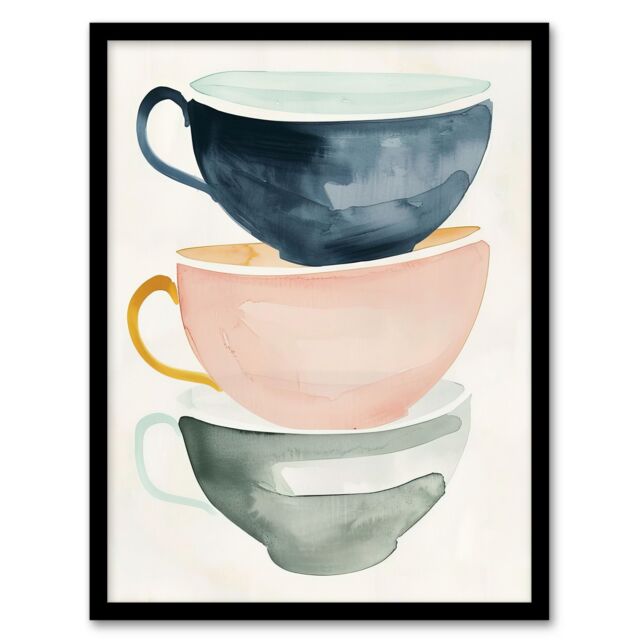 "Artery8 Three Stacked Tea Cups Bright Boho Watercolour Framed Wall Art ...