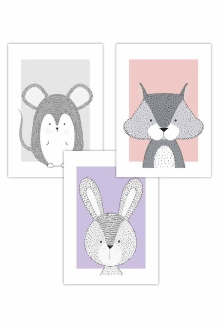 Set of 3 Nursery Scandi Sketch Forest Animals Lilac Pink Grey Art ...