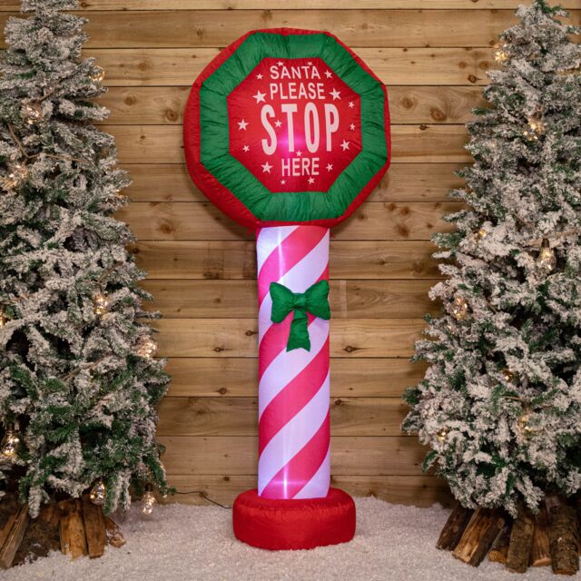 1.8m (6ft) Red and White Stripe Santa Stop Here Sign Christmas ...