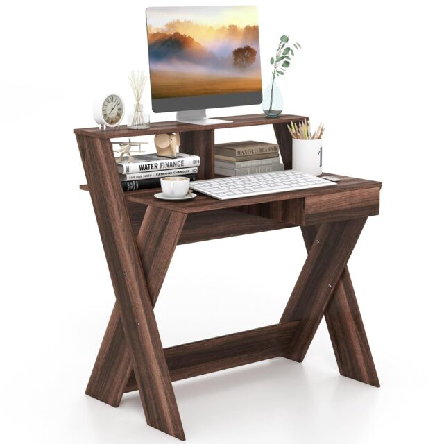 Wooden Computer Desk Home Office Writing Desk with Monitor Stand Riser ...