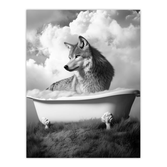 "Artery8 Wolf in Bathtub Surreal Black White Bubble Bath Wall Art Print ...