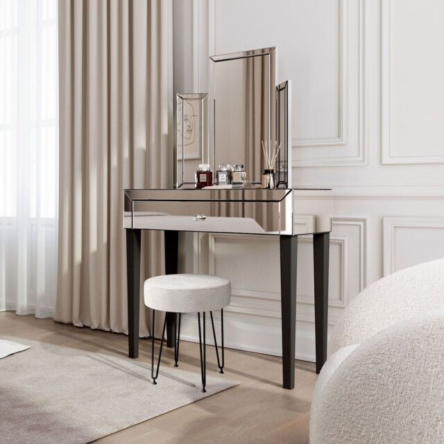 Laguna Silver Dressing Table with Paloma Tri-fold Mirror & Alaya Bouclé Stool by Debenhams ...