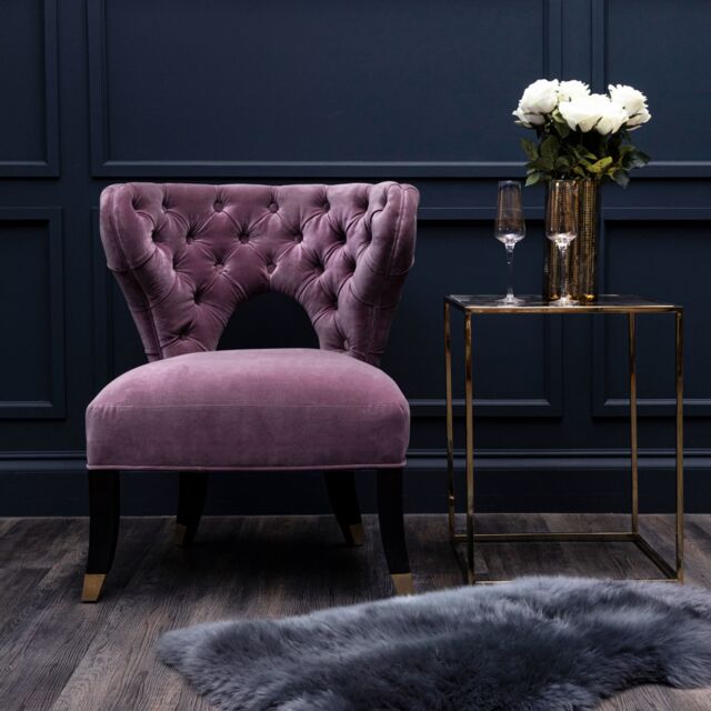 Orsina Lilac Feature Chair, Plush Seat With Black Wooden Legs, Button ...