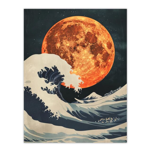 Orange Moon Over Japanese Ocean Waves Artwork Wall Art Print by ...