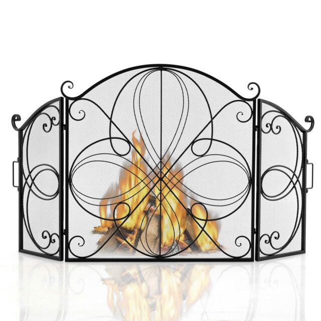3-Panel Fireplace Screen Foldable Spark Guard Metal Mesh Fire ...