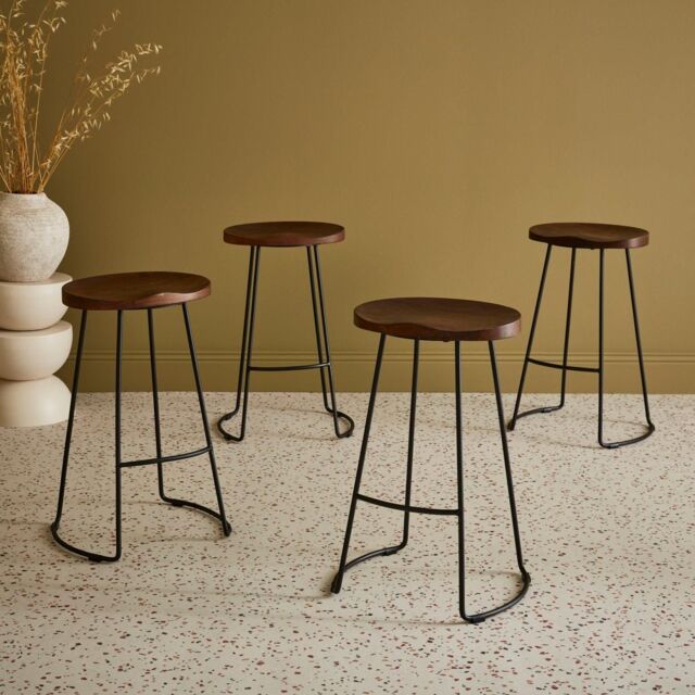 Set Of 4 Industrial Metal And Wooden Bar Stools by Debenhams | ufurnish.com