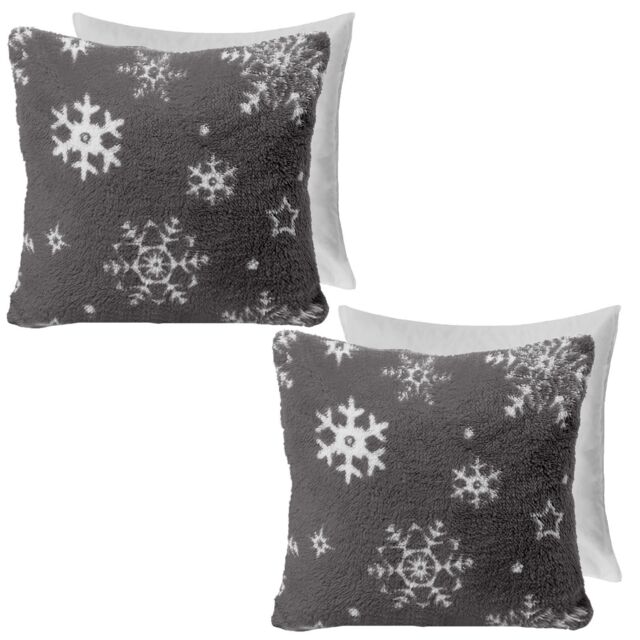 Snowflake Cushion Covers Teddy Fleece 2 x Filled Plush Soft, Grey - 45 ...