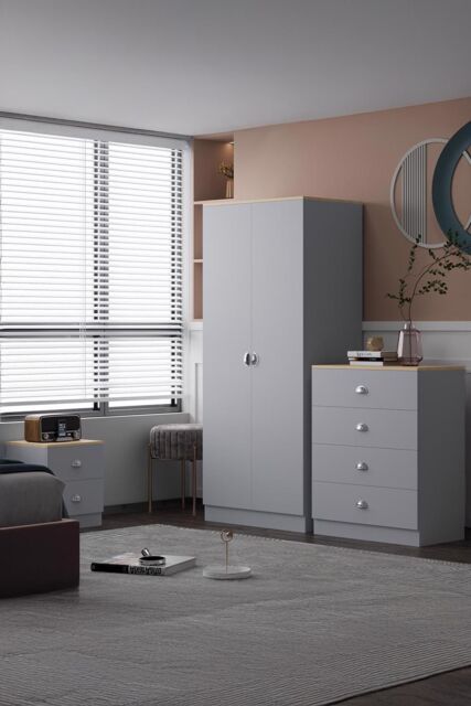 FWStyle 3 Piece Bedroom Set Matt Grey Oak Effect Top Bedside Wardrobe ...