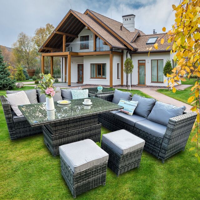 8 Seater Rattan Dining Set with Lifting Table, Stools, Side Table by ...