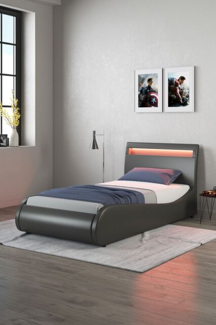 Orion LED Lights Headboard Gaming Style Faux Leather Single Bed Frame w ...